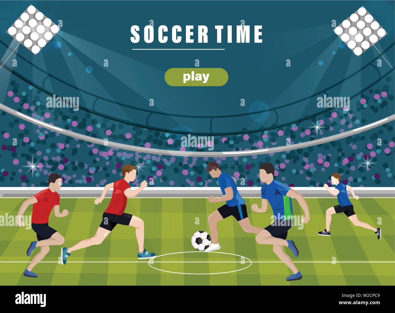 Team playing soccer Vector flat style. Game start. Soccer field ...