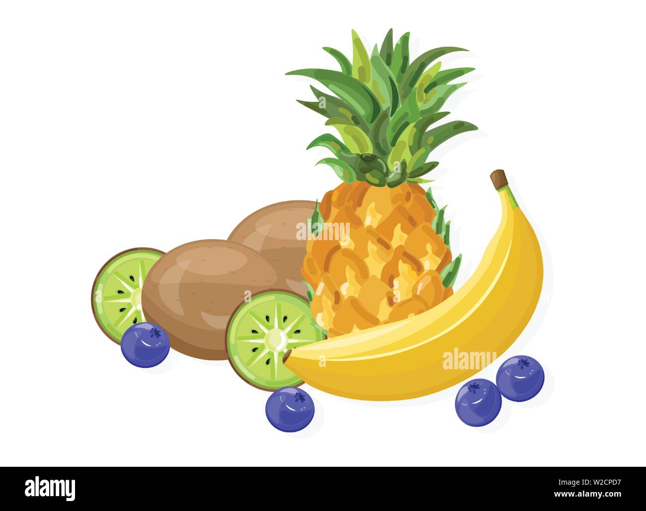 Fresh banana and pineapple fruits Vector banner isolated on whites ...