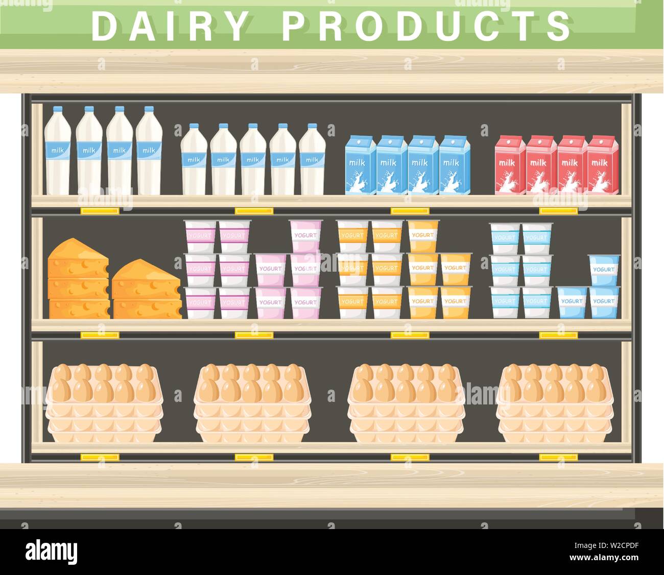 Farm fresh dairy Vector shopping stands. Milk, yogurt, cheese and eggs ...