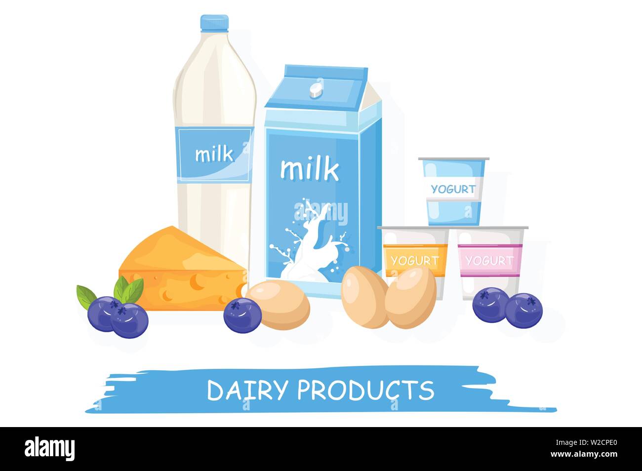 Farm fresh dairy Vector shopping stands. Milk, yogurt, cheese and eggs ...