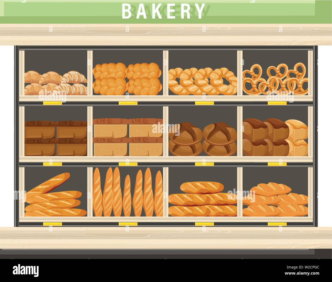Bakery shopping stands Vector. Bread, pretzel, croissant. Front view ...