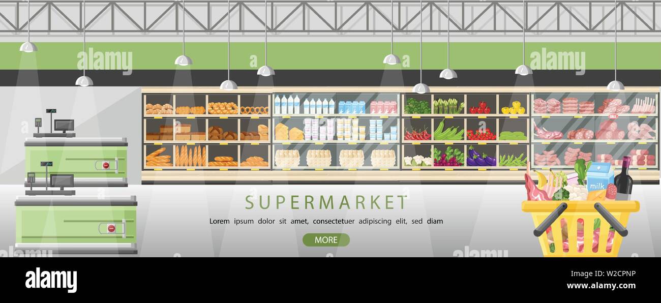Supermarket stands with food products Vector flat style. Cashier front ...