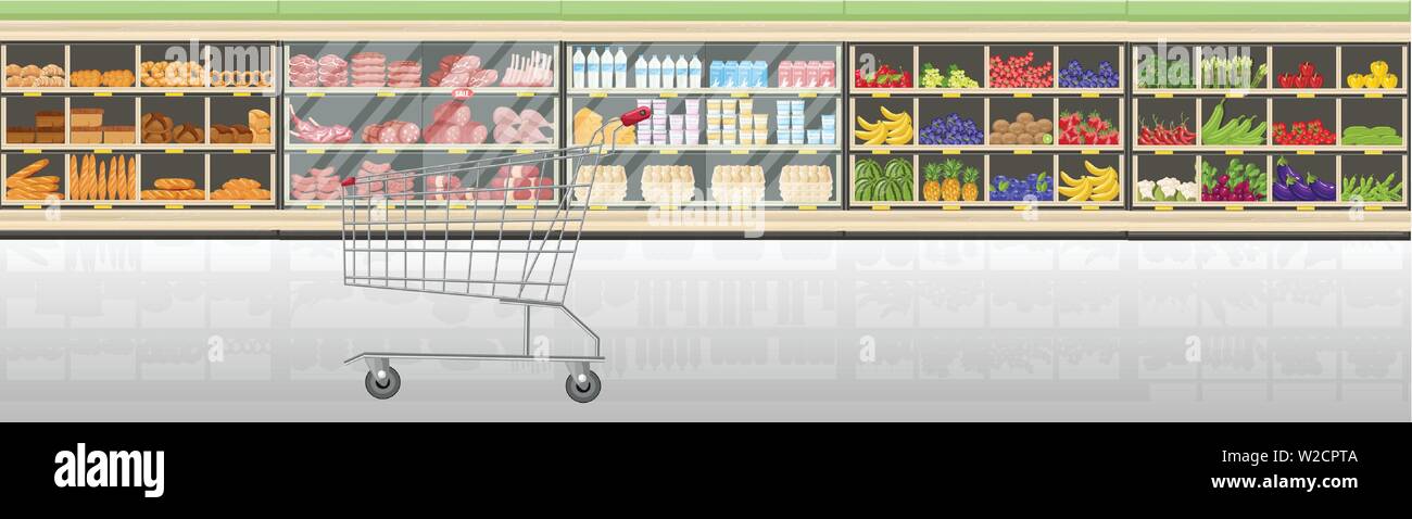 Supermarket stands with food products Vector flat style. Cashier front ...