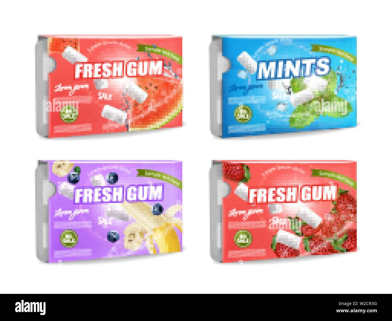 Gums Vector realistic set collection. Product placement detailed label ...