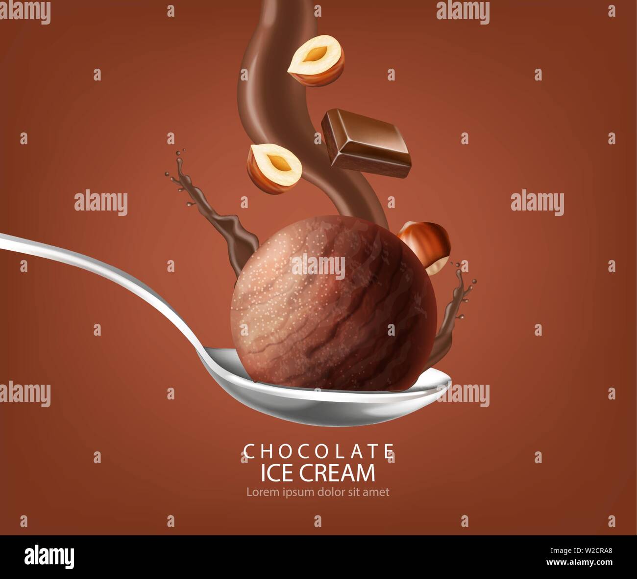Ice cream ball Vector realistic chocolate splash. Detailed 3d ...