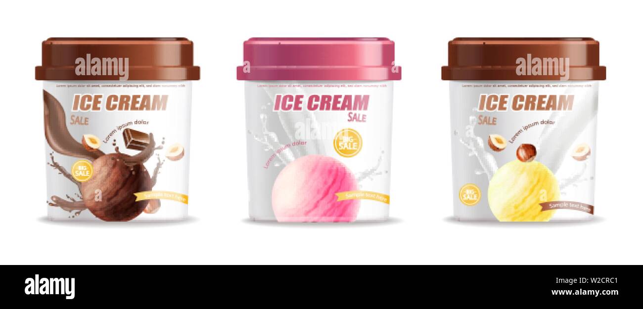 Ice cream plastic bucket container set packaging Vector realistic ...