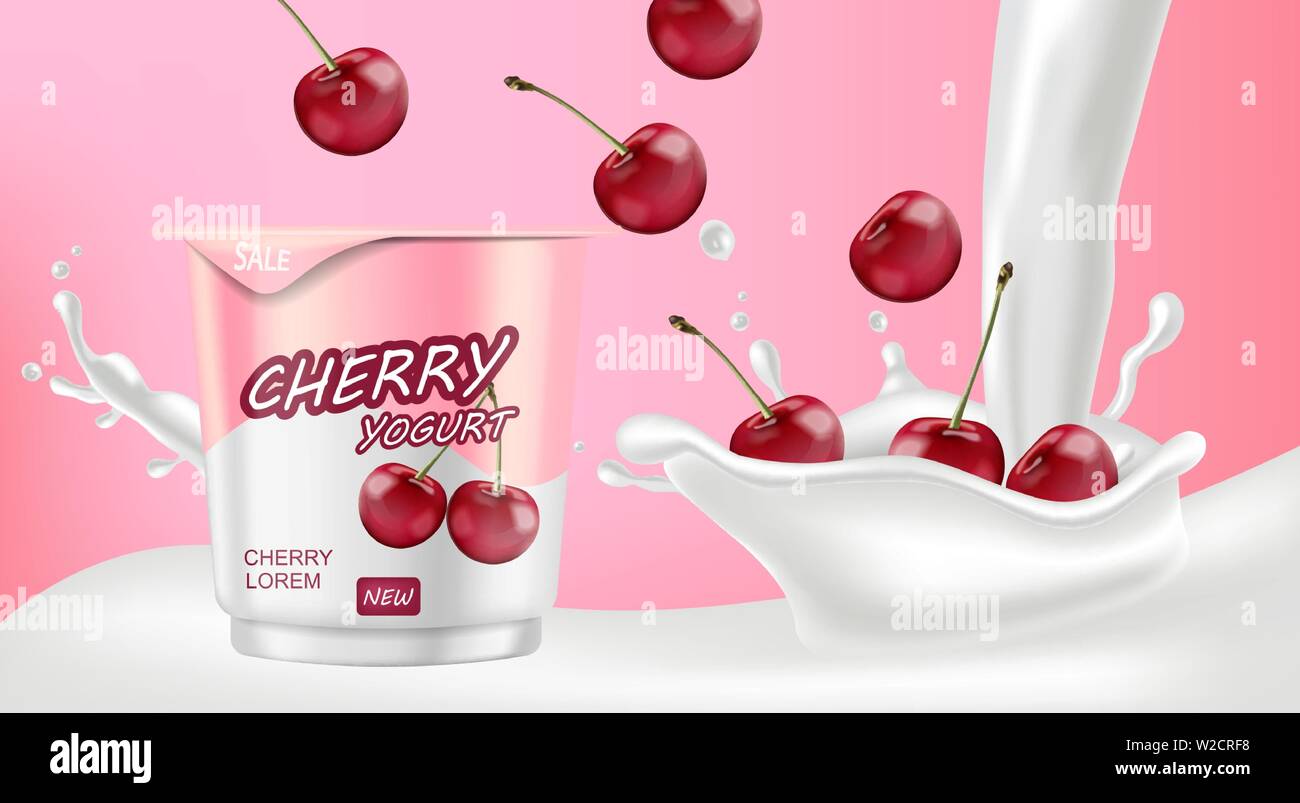 Cherry yogurt Vector realistic. Product placement mock up. Label design ...
