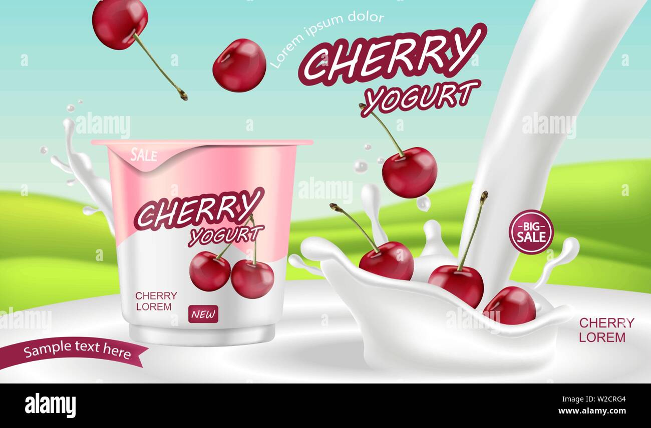 Cherry yogurt Vector realistic. Product placement mock up. Label design ...