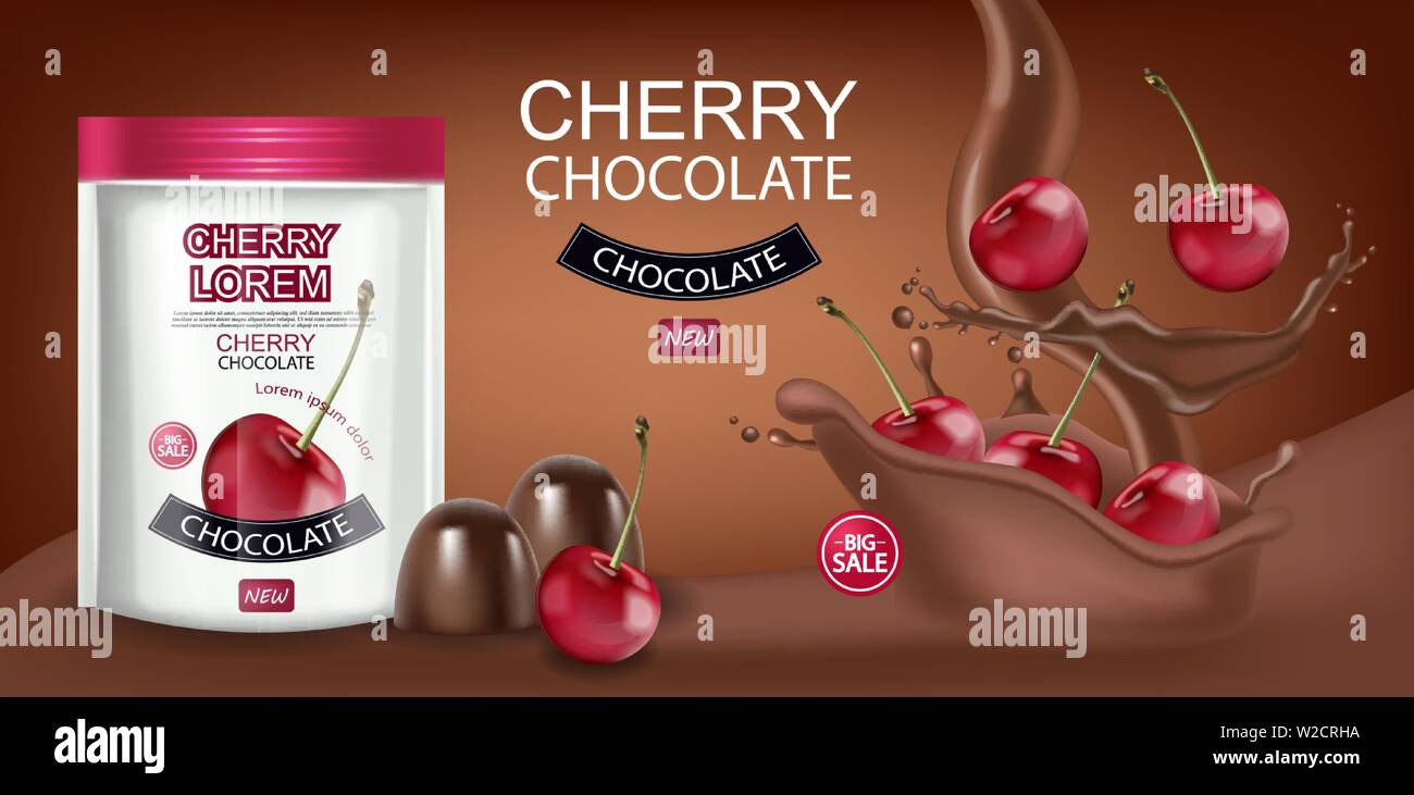 Cherry chocolate Vector realistic mock up. Chocolate splash background ...