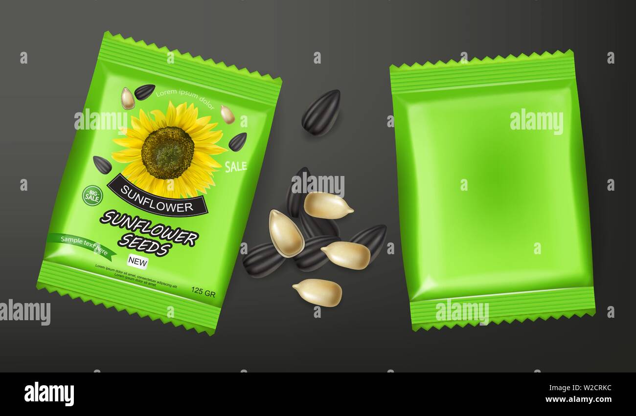 Sunflower seeds package Vector realistic. Product packaging mock up ...