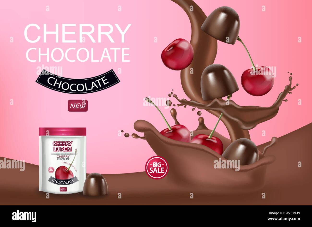 Cherry chocolate Vector realistic mock up. Chocolate splash background ...