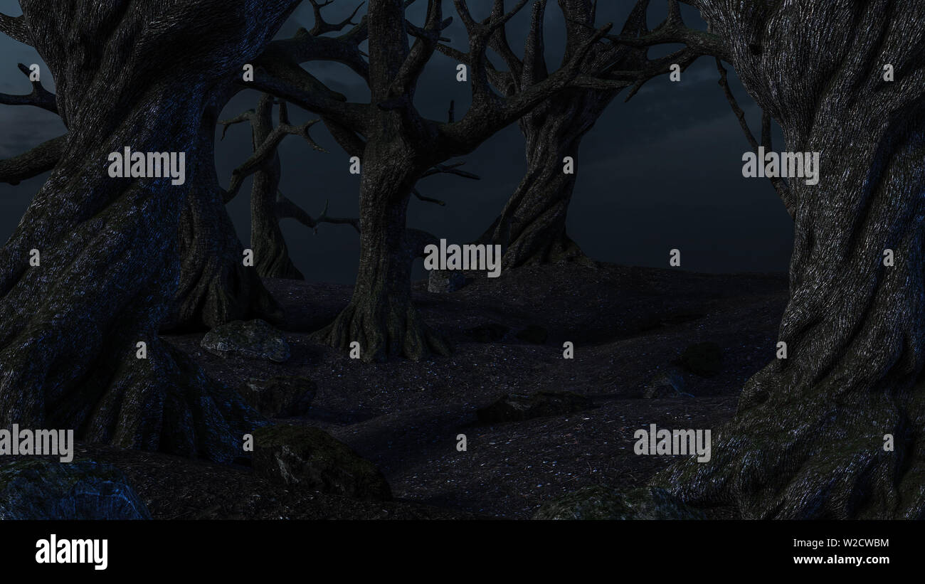 Horror deep tropical jungle in darkness. Scary night forest Stock Photo ...