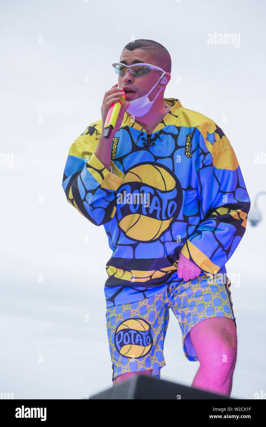 Turku, Finland. 7th July 2019. Puerto Rican singer Bad Bunny performs ...