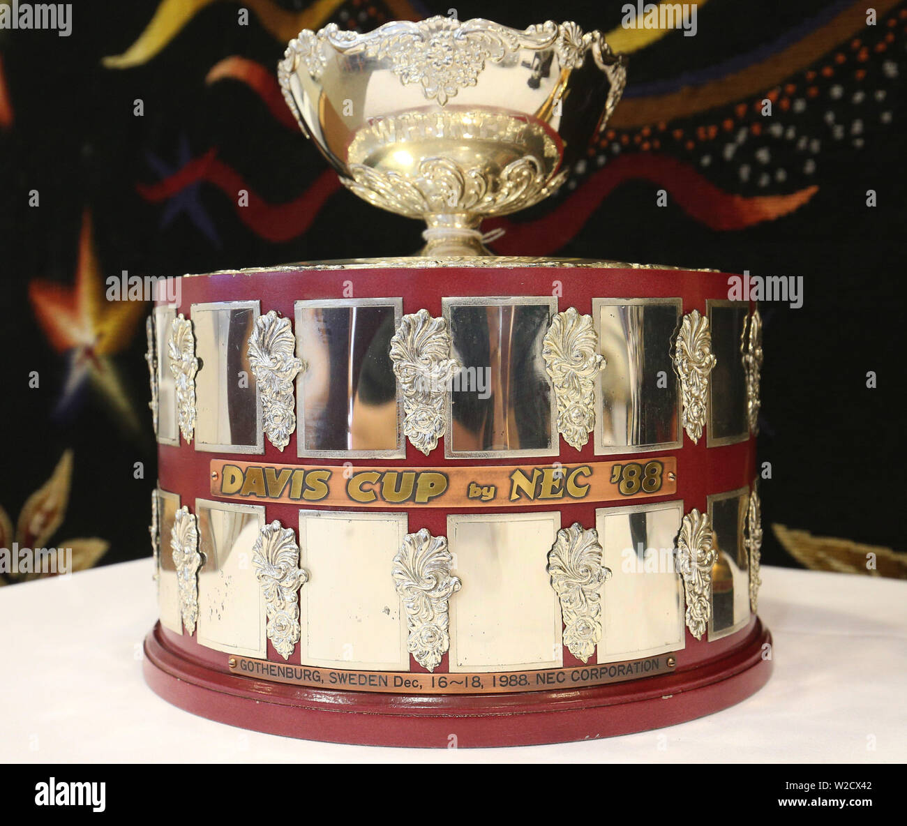 The 1988 Davis Cup trophy is displayed as part of a selection of ...