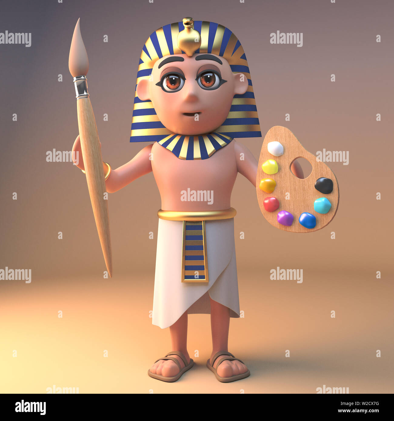 Artistic ancient Egyptian pharaoh Tutankhamun holding a paintbrush and ...