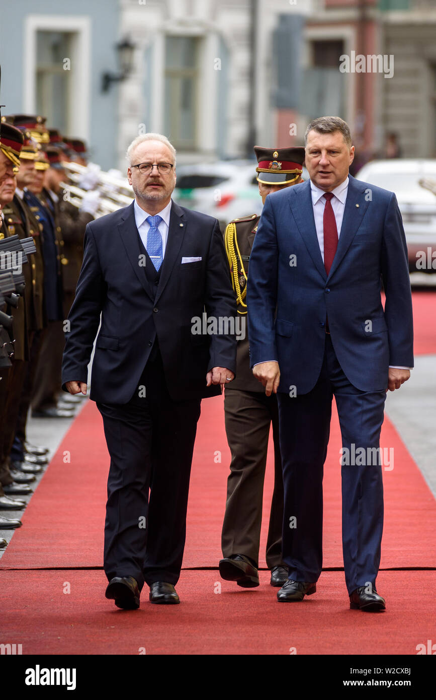 RIGA, LATVIA. 8th of July 2019. Egils Levits (L) and Raimonds Vejonis ...