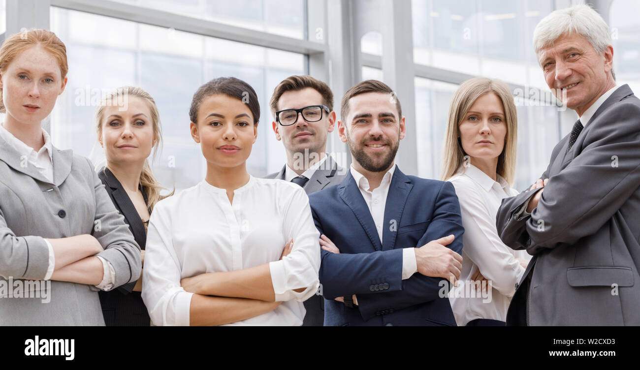 Portrait business people team , office staff standing in lobby Stock ...