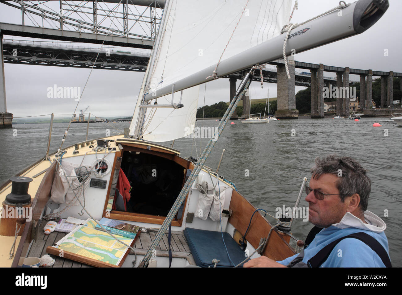 The Folkboat "Orzel" beating upstream towards the Tamar Bridges, River ...