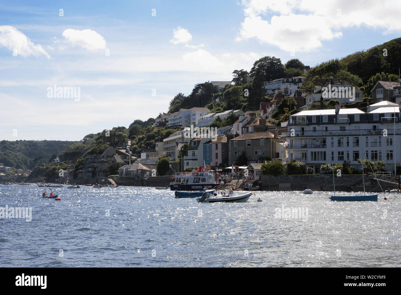 Salcombe town from a visitors' mooring in the harbour, at the height of ...