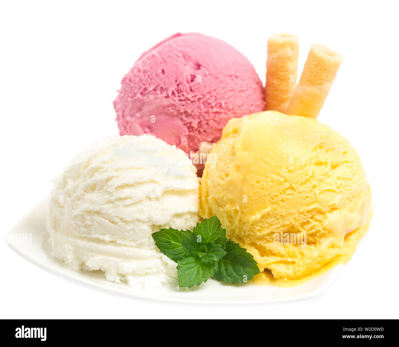 ice cream sundae: Three flavors of ice cream with waffle on plate ...