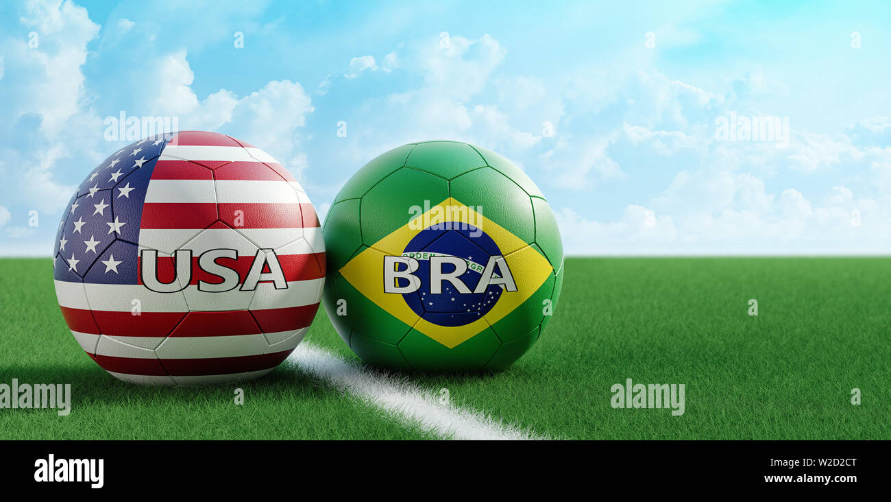 Brazil vs. USA Soccer Match - Soccer balls in Brazil and USA national ...
