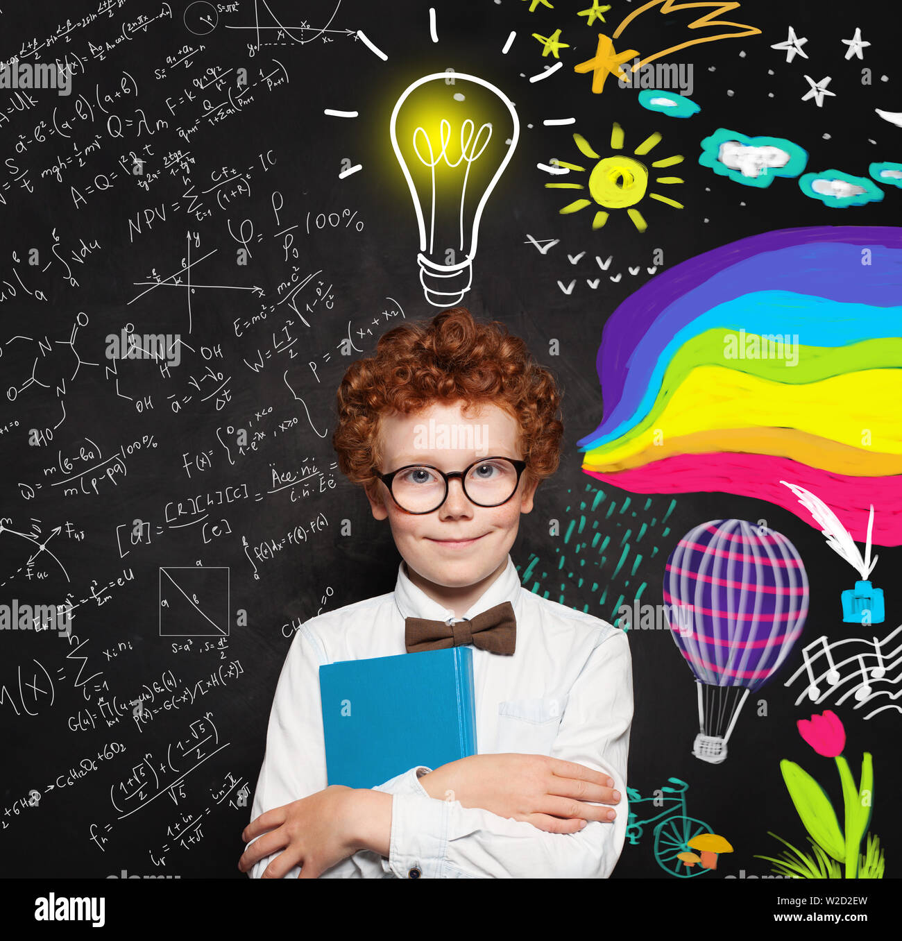 Clever young boy portrait. Brainstorming, creativity, science and arts ...
