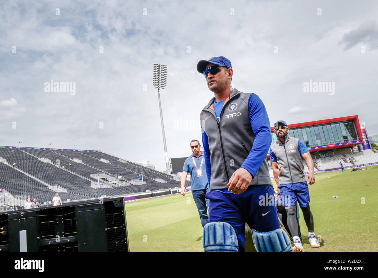 India's MS Dhoni arrives during the nets session at Emirates Old ...