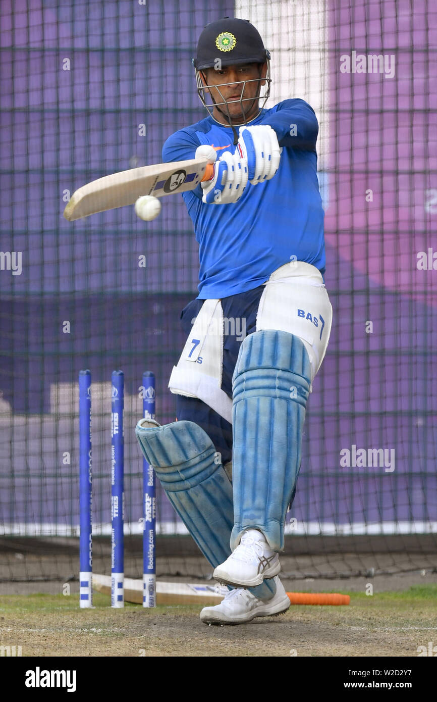 India's MS Dhoni bats during the nets session at Emirates Old Trafford ...
