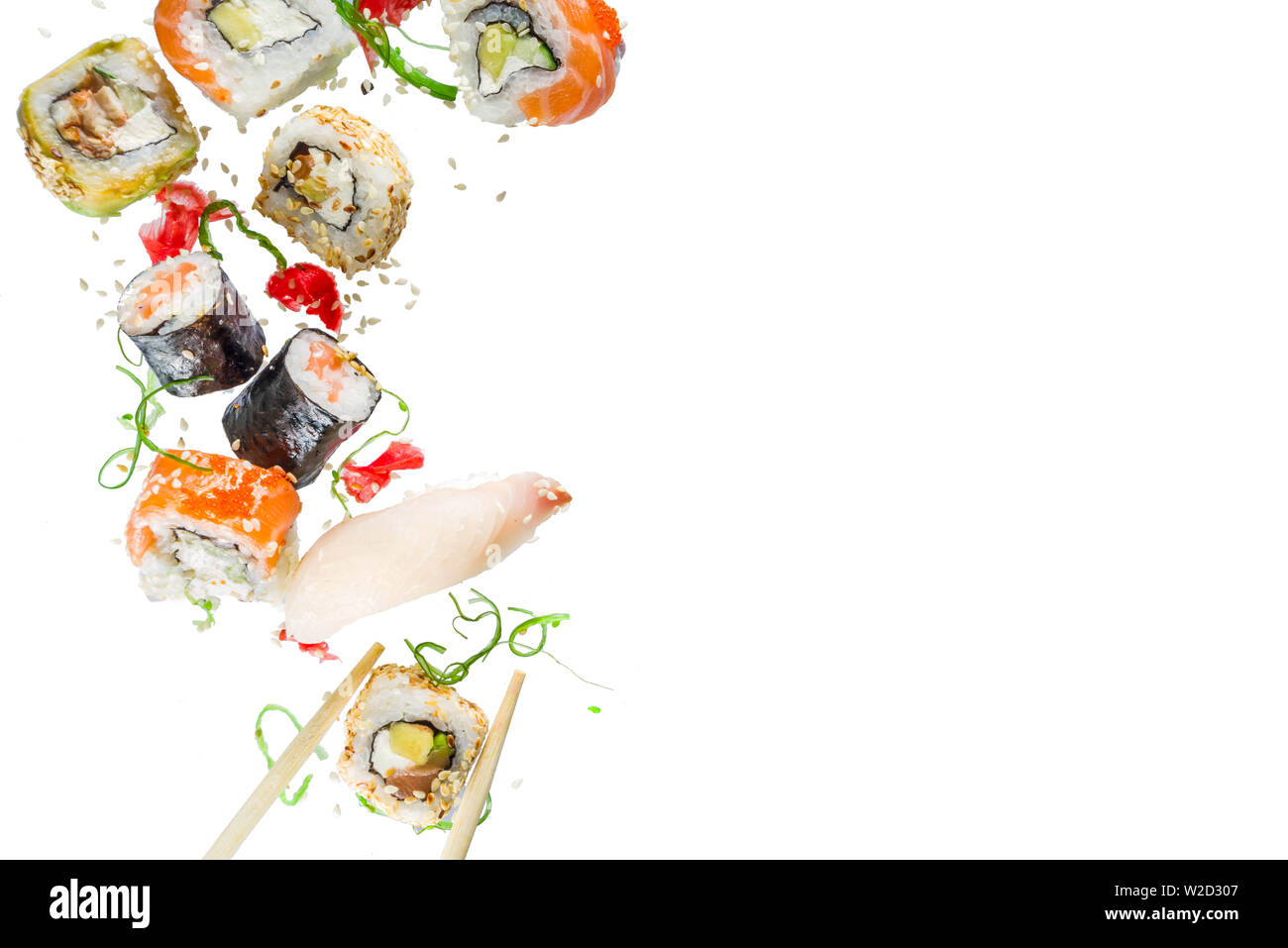 Seamless pattern with sushi. Food abstract background. Flying sushi ...