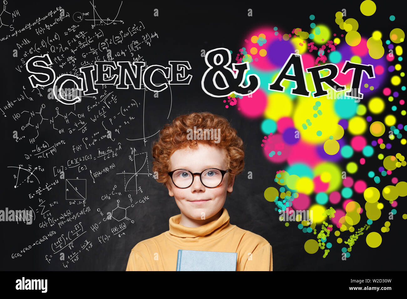 Smiling student boy in glasses with science formulas and art pattern ...