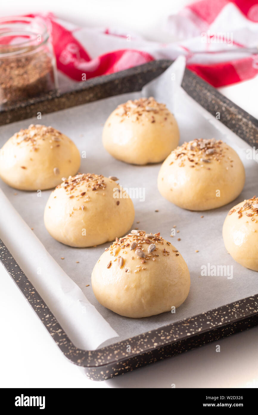 Food concept Proving, Proofing yeast dough of hamburger buns in bake ...