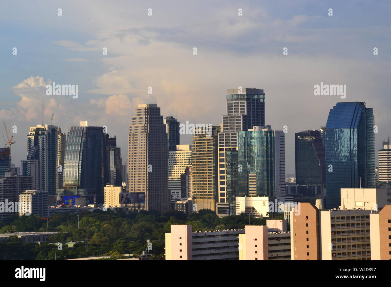 A high level view of skyscrapers in central Bangkok, Thailand, looking ...