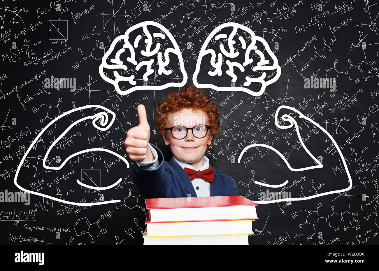 Back to school concept with smart kid with thumb up, books and science ...