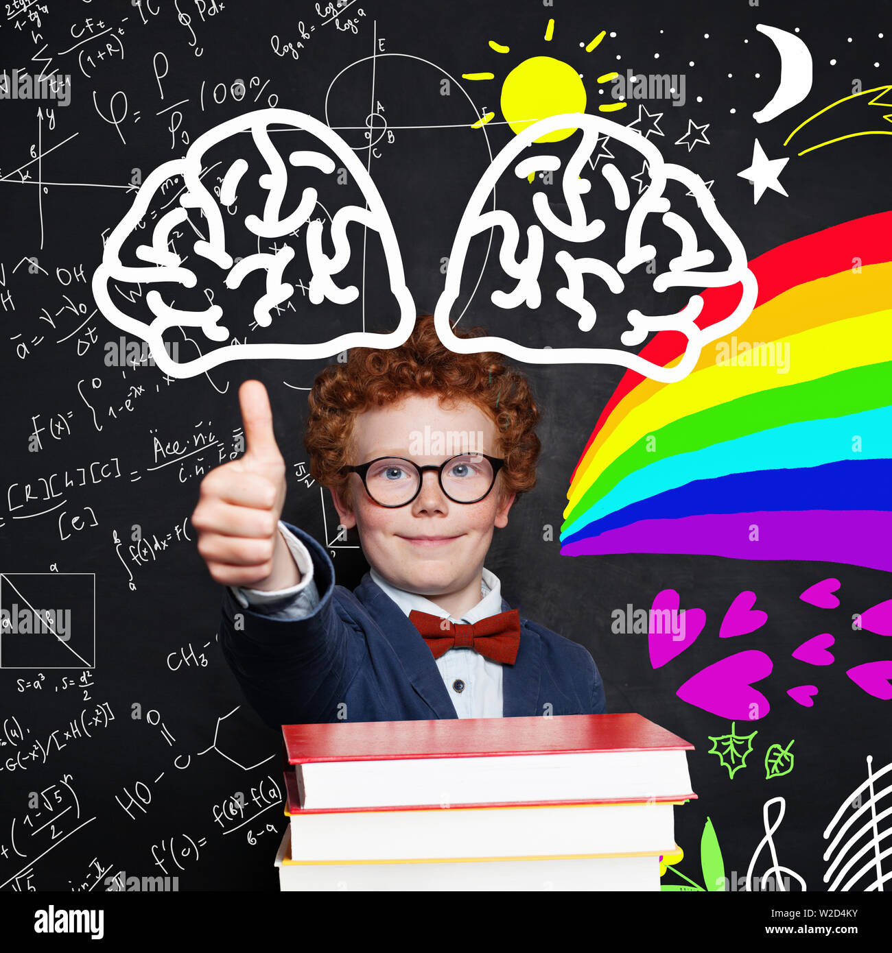 Creativity child boy on blackboard background with science formulas and ...