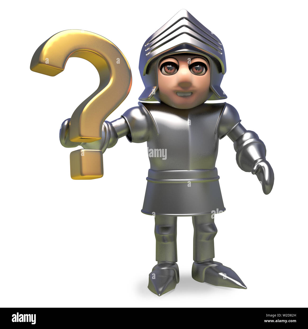 Noble medieval knight in armour holding a gold question mark symbol, 3d ...