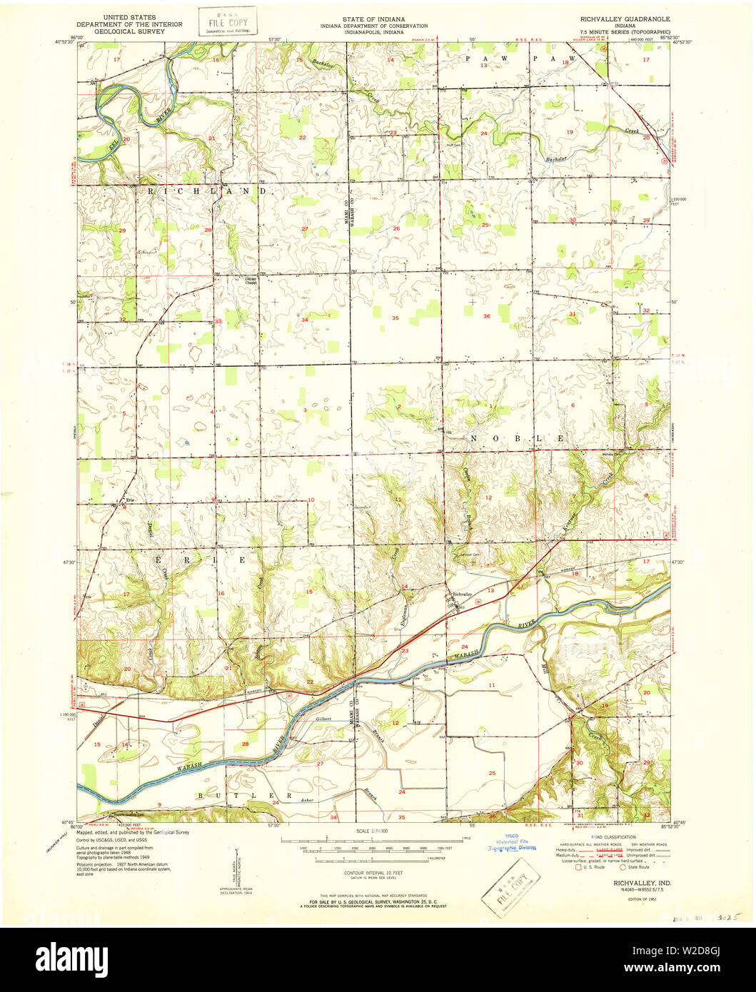 USGS TOPO Map Indiana IN Richvalley 160203 1951 24000 Restoration Stock ...