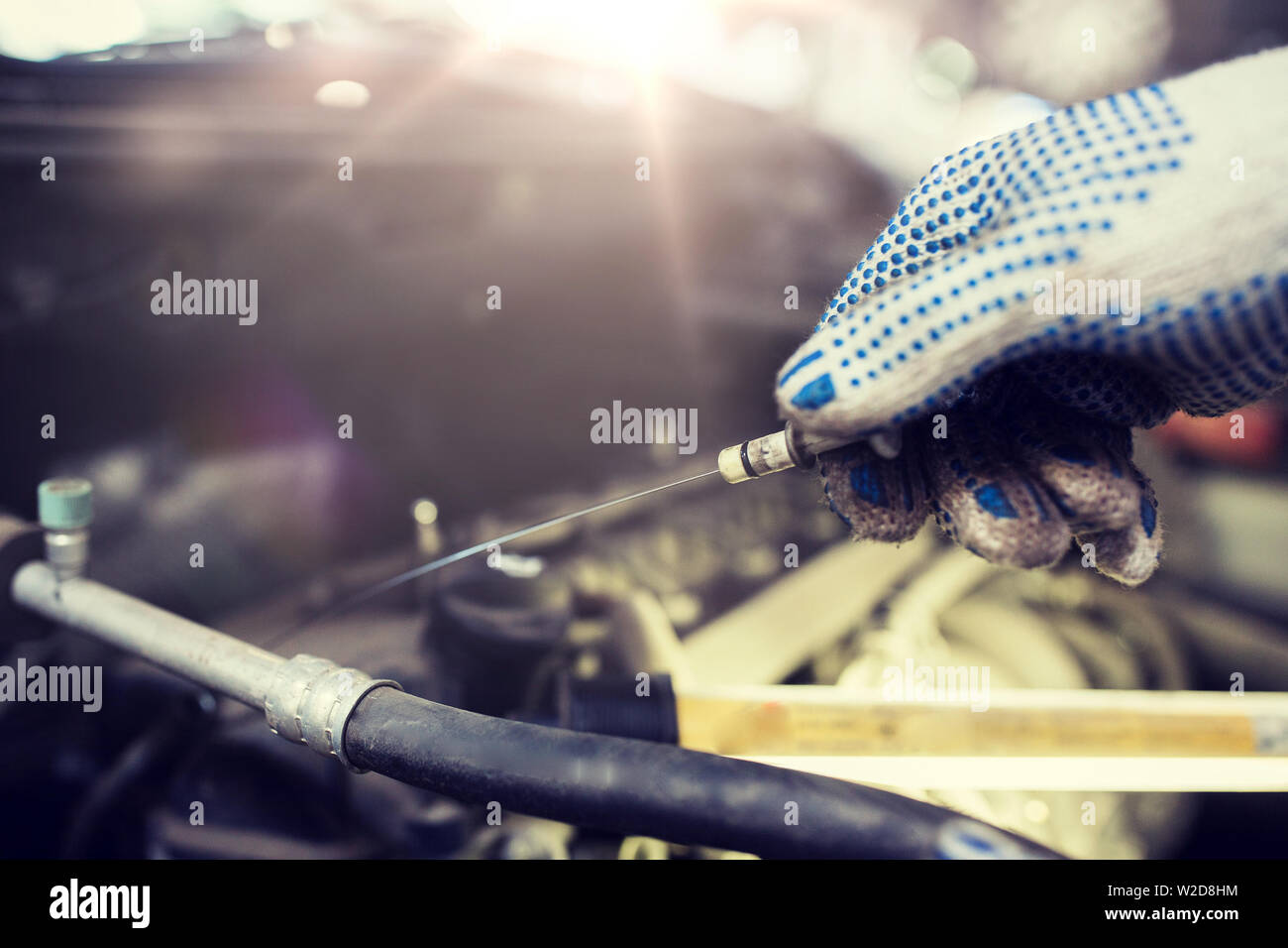 mechanic with dipstick checking motor oil level Stock Photo - Alamy