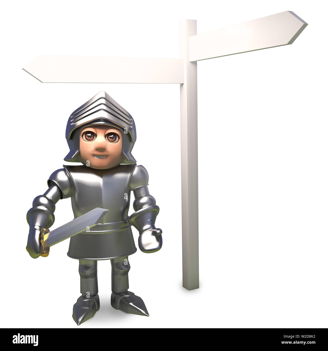 Confused cartoon medieval knight in armour looks at the blank signpost ...