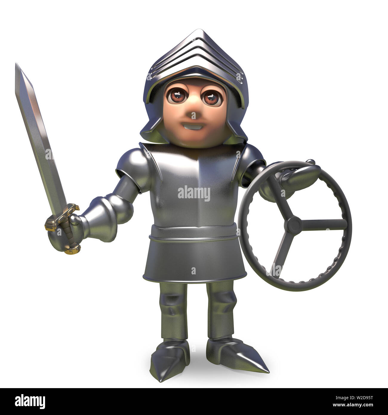 Cartoon medieval knight is holding a car steering wheel, 3d ...