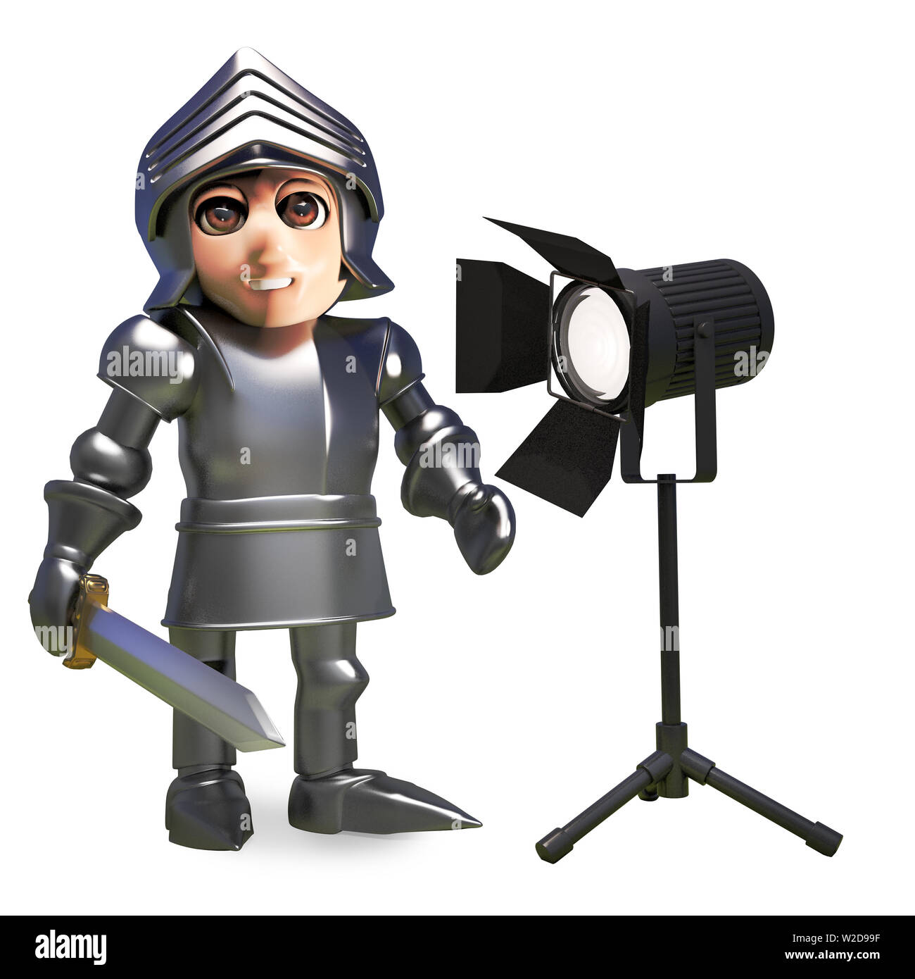 Cartoon medieval knight in armour is dazzled by the studio light, 3d ...