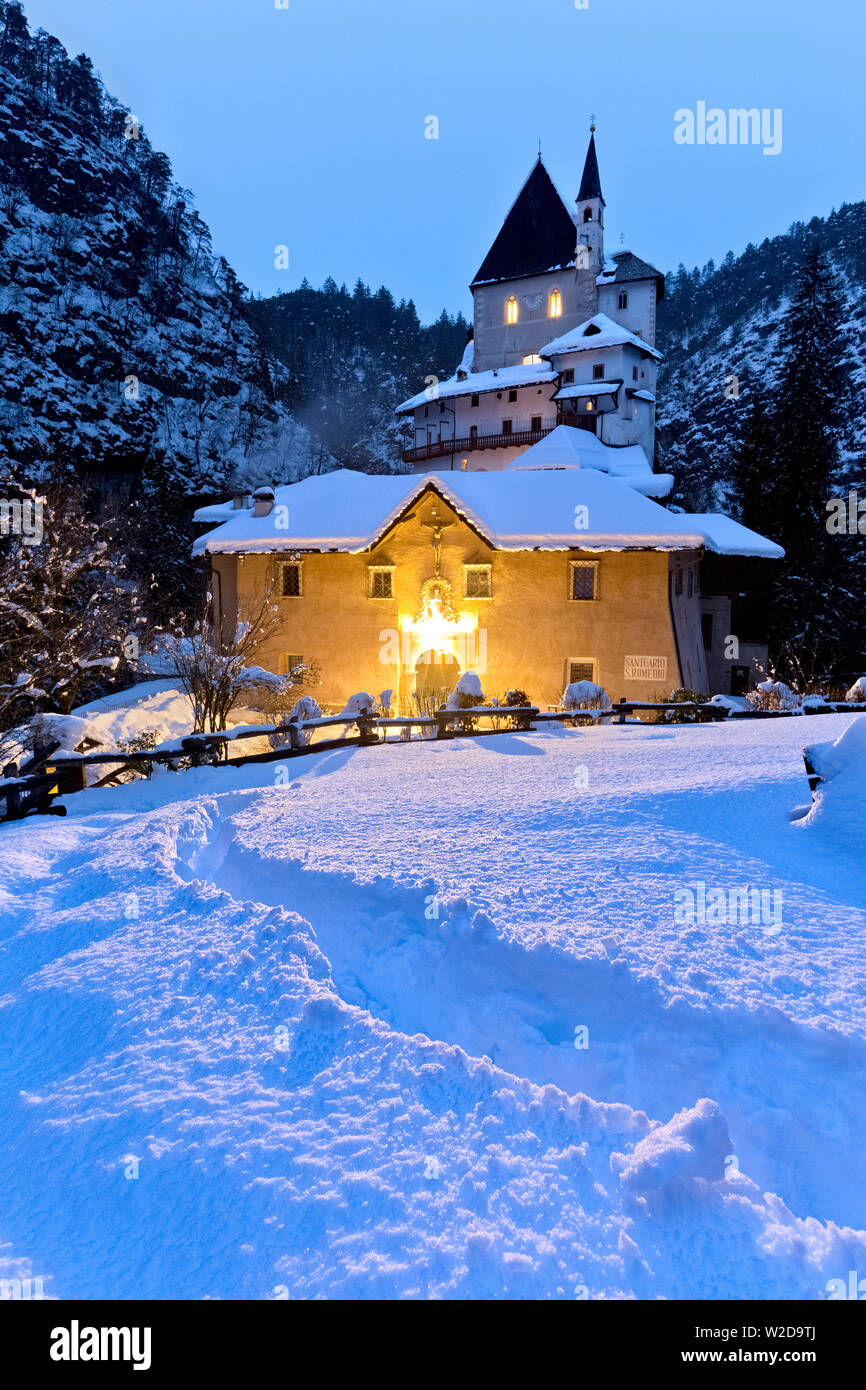 The medieval sanctuary of San Romedio after a snowfall. Non Valley ...