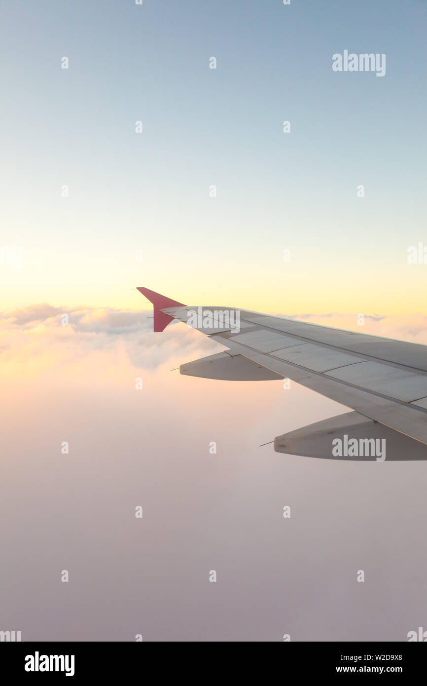 Adventure, travel, transport concept. View from plane window at sky ...
