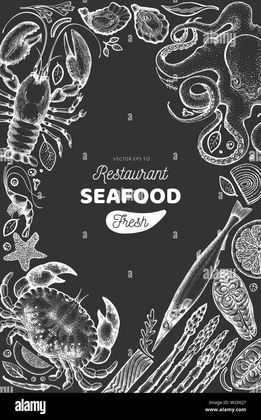 Seafood and fish design template. Hand drawn vector illustration on ...