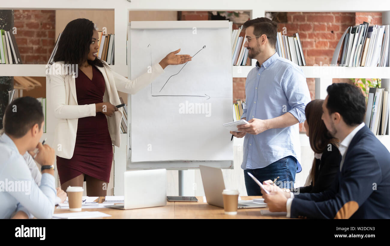 Two diverse business coaches work together give flip chart presentation ...