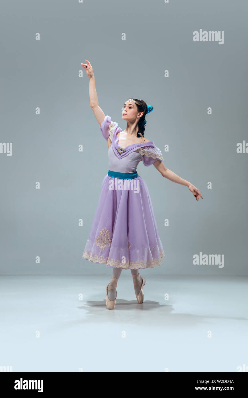 Princess. Beautiful contemporary ballroom dancer isolated on grey ...