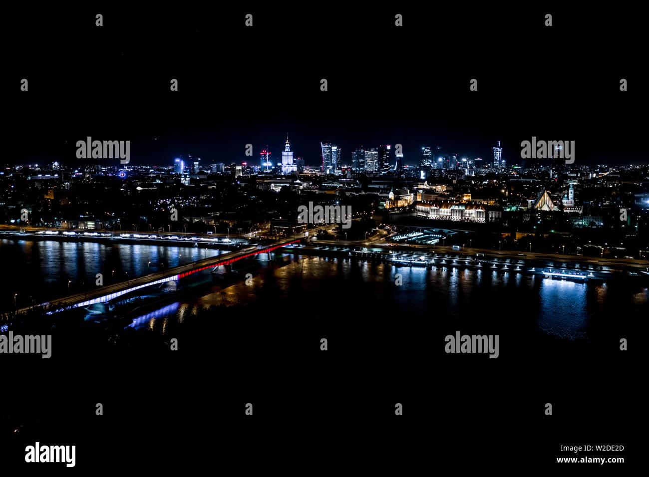 Night city skyline background. Aerial view of Warsaw capital city of ...