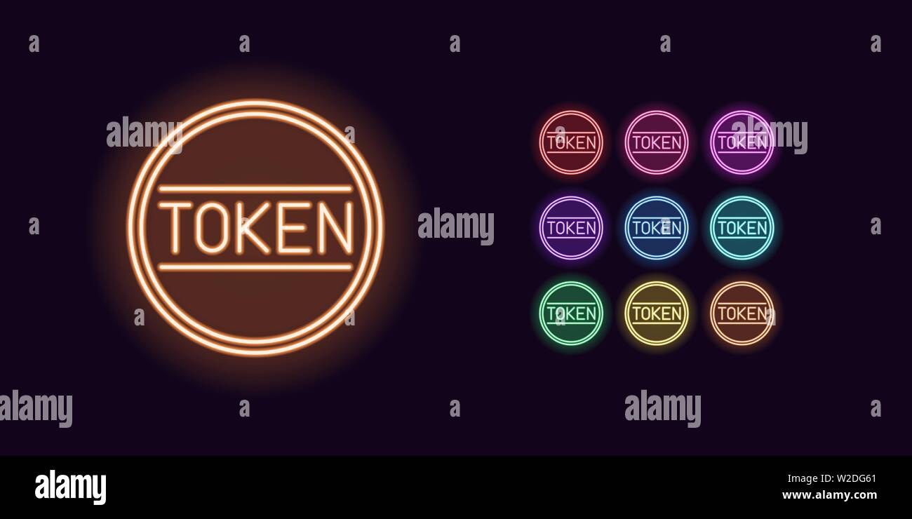 Neon Token icon, Cryptocurrency. Set of glowing Token coin in Neon style with transparent ...