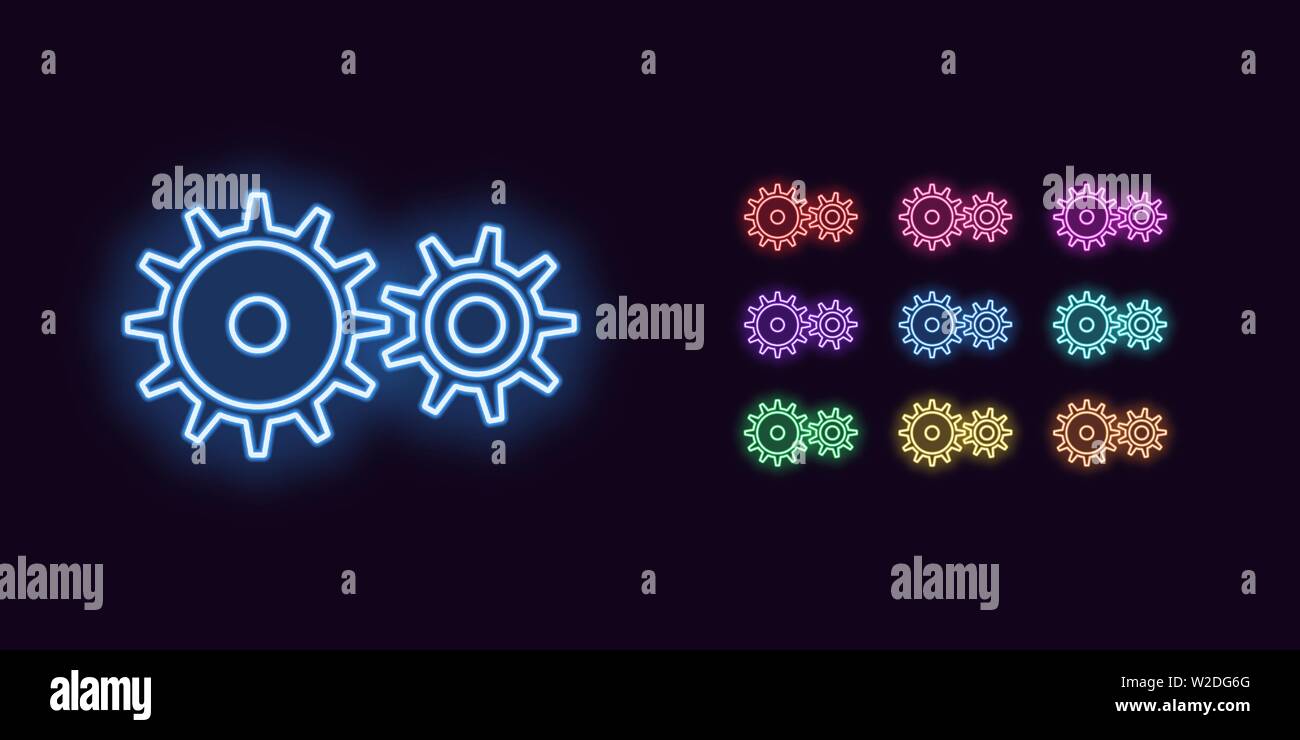 Neon Gear wheel icon, Transmission. Set of glowing Gear in Neon style ...