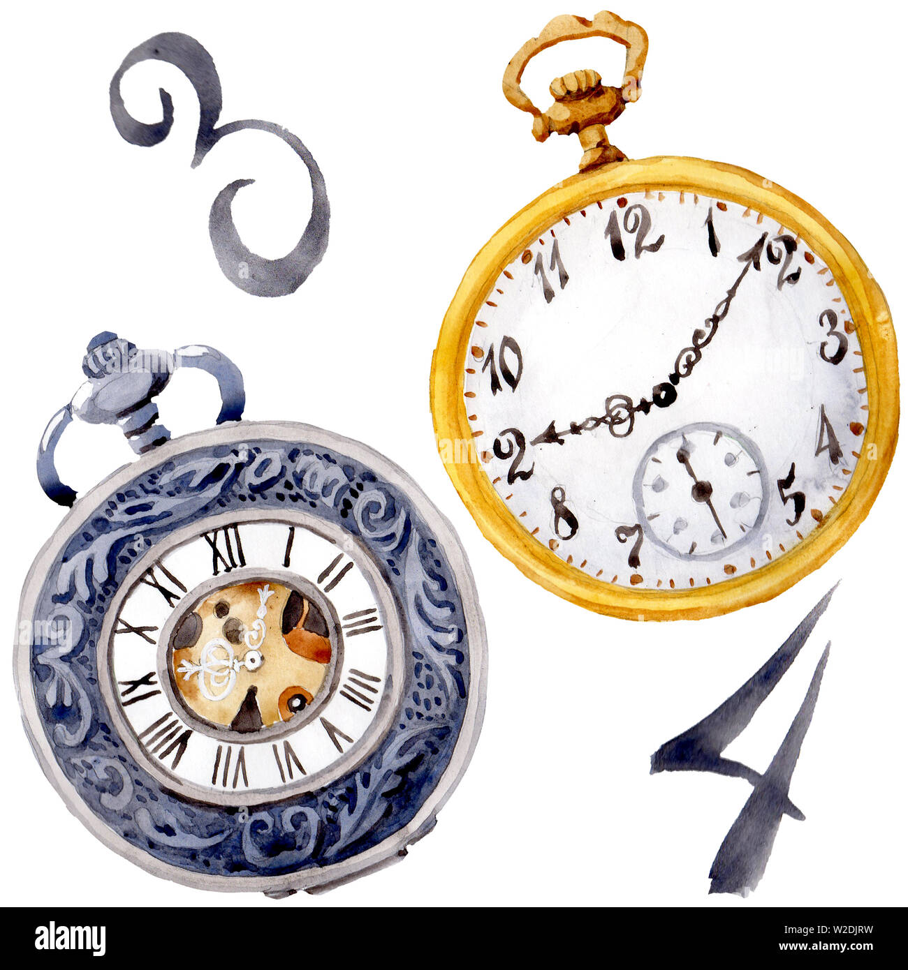 Vintage old clock pocket watch. Watercolor background illustration set ...