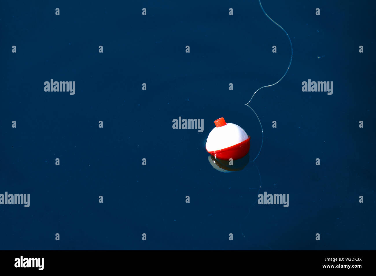 red and white floating fishing bobber with white fish line on dark blue ...